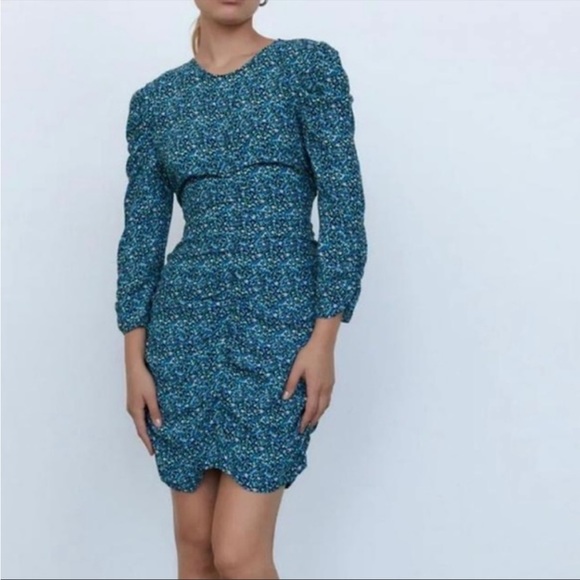 Zara | Dresses | Zara Ruched Blue Floral Mini Dress | Poshmark